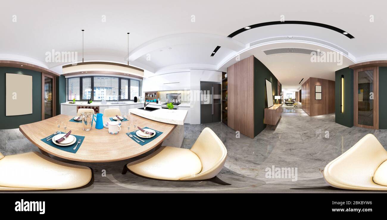 360 degrees home interior, living and dining space Stock Photo - Alamy