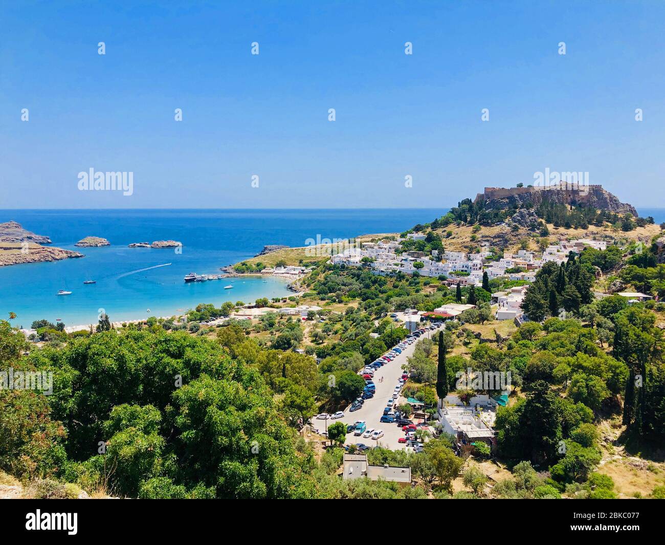 Panoramic view of Lindos, famous historic Rhodes village, Greece Stock ...