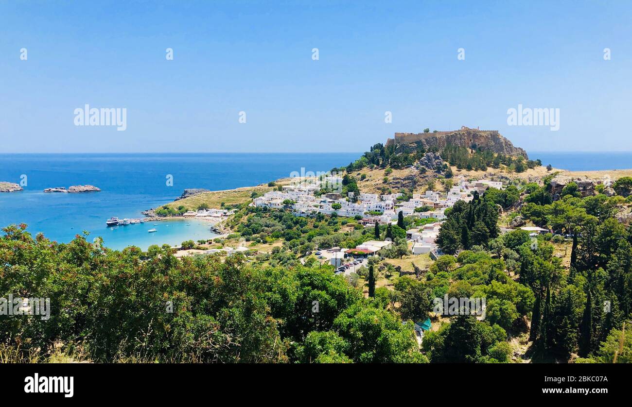 Panoramic view of Lindos, famous historic Rhodes village, Greece Stock ...