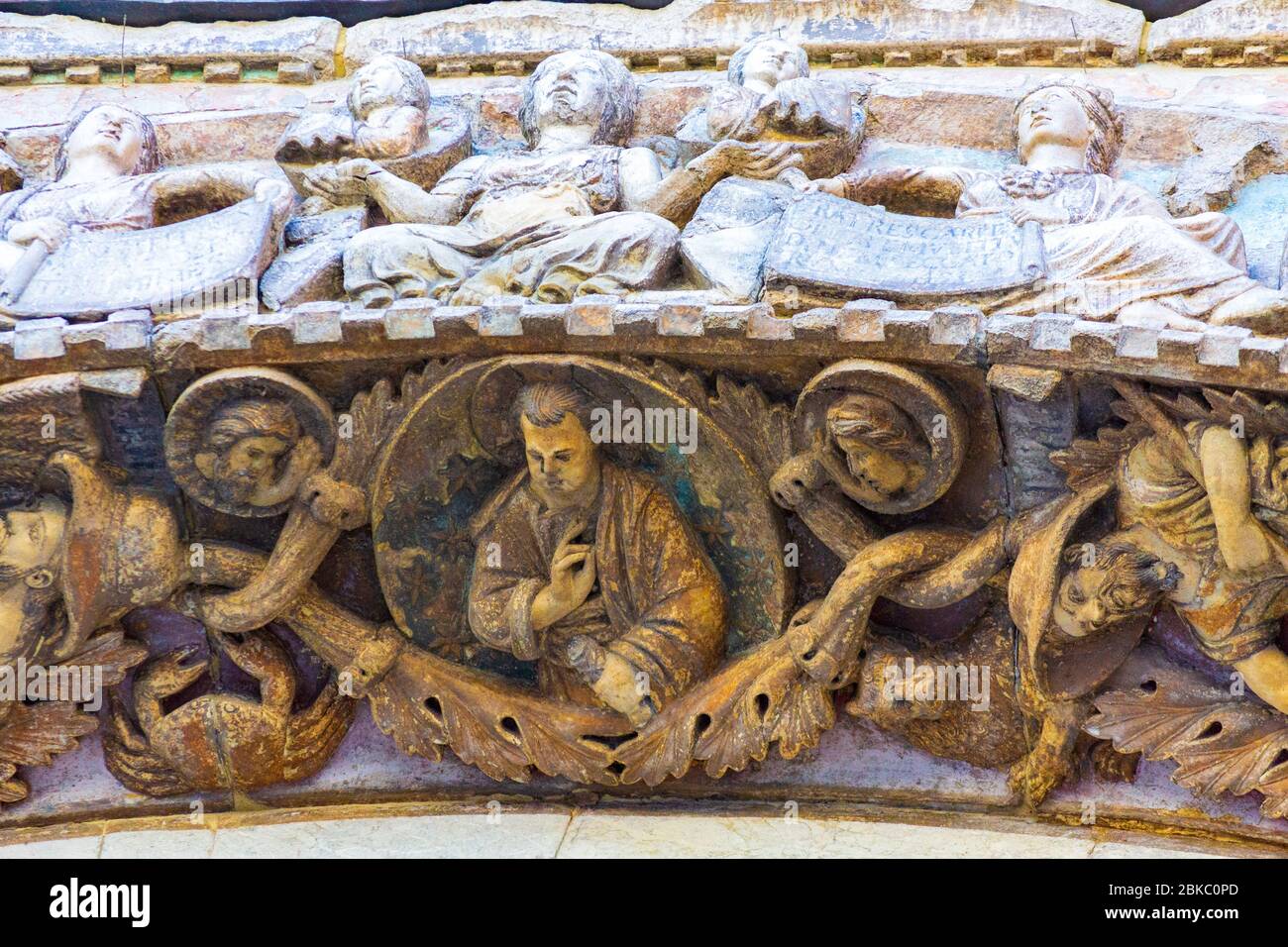 Stone sculpture decoration at arched main portal St Mark's Basilica ...