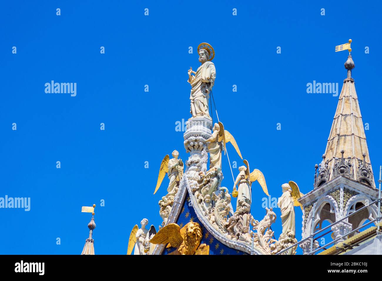 Detail of St Mark`s Basilica elaborately decorated gable showing Venice ...