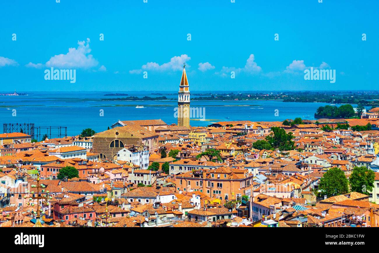 Scenic aerial view of Venice rooftop skyline with San Francesco della ...