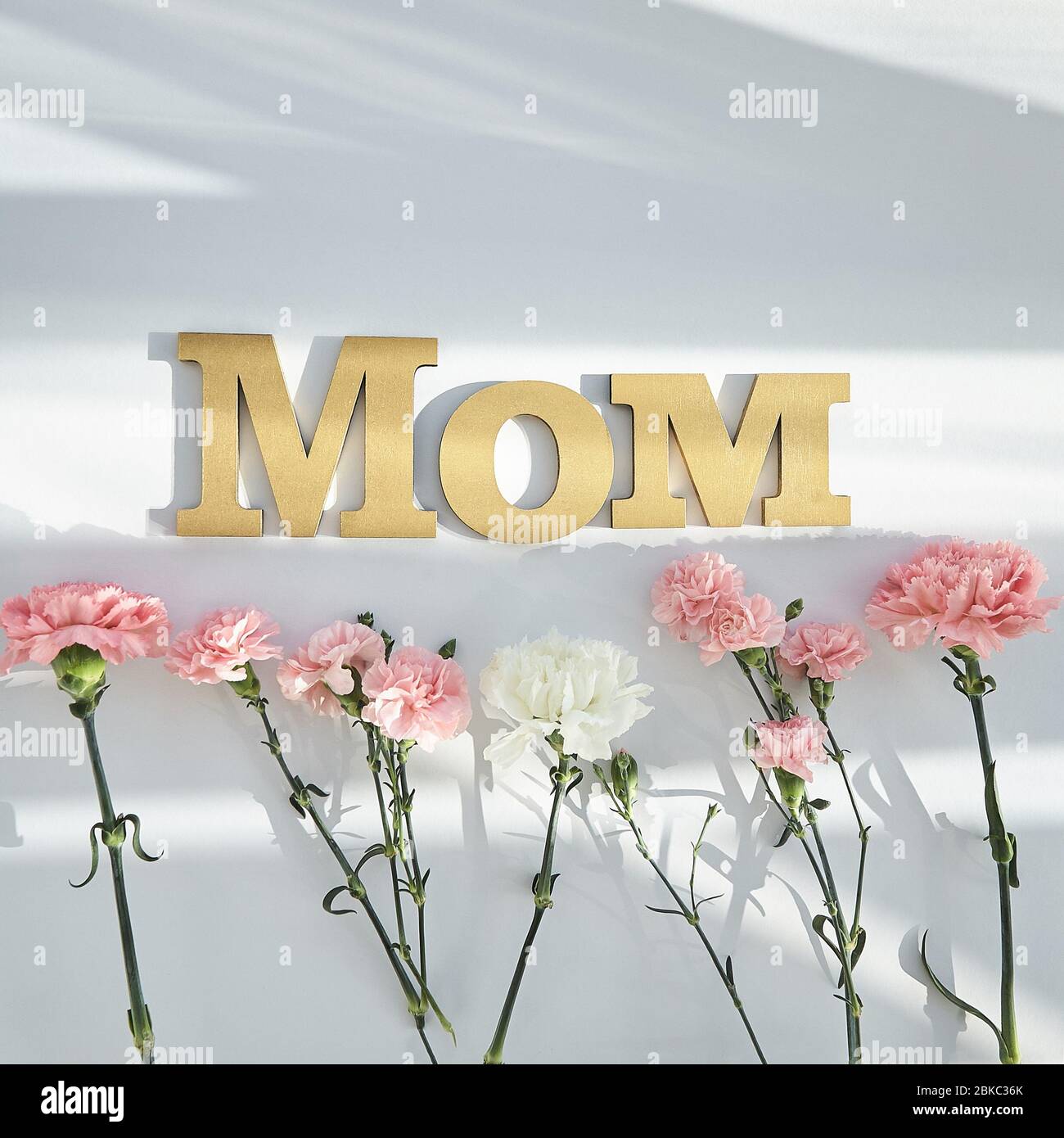 top view of pink and white carnations and mom lettering on white ...