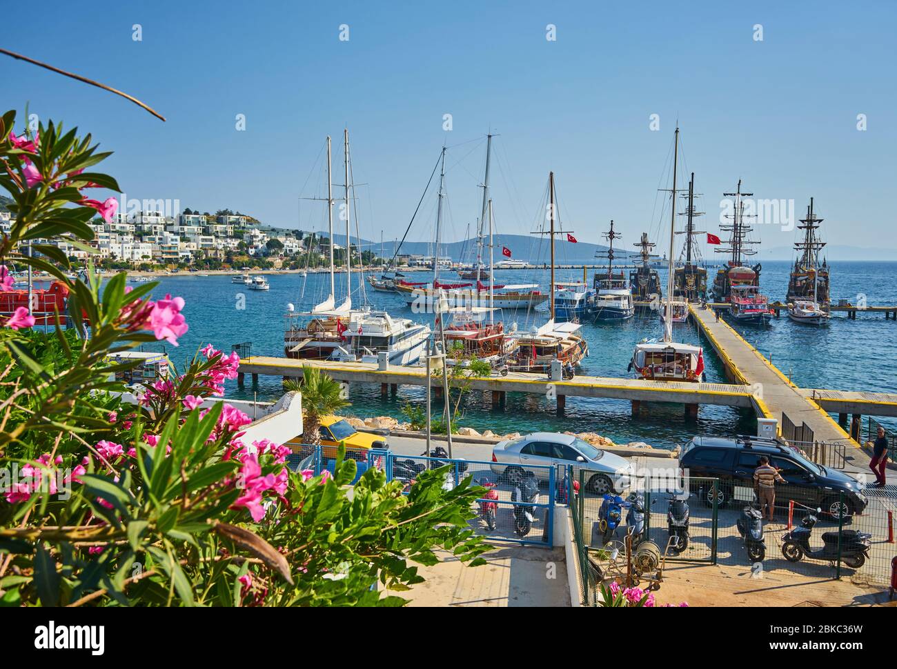 View of Bodrum Beach, Aegean sea, traditional white houses, flowers ...