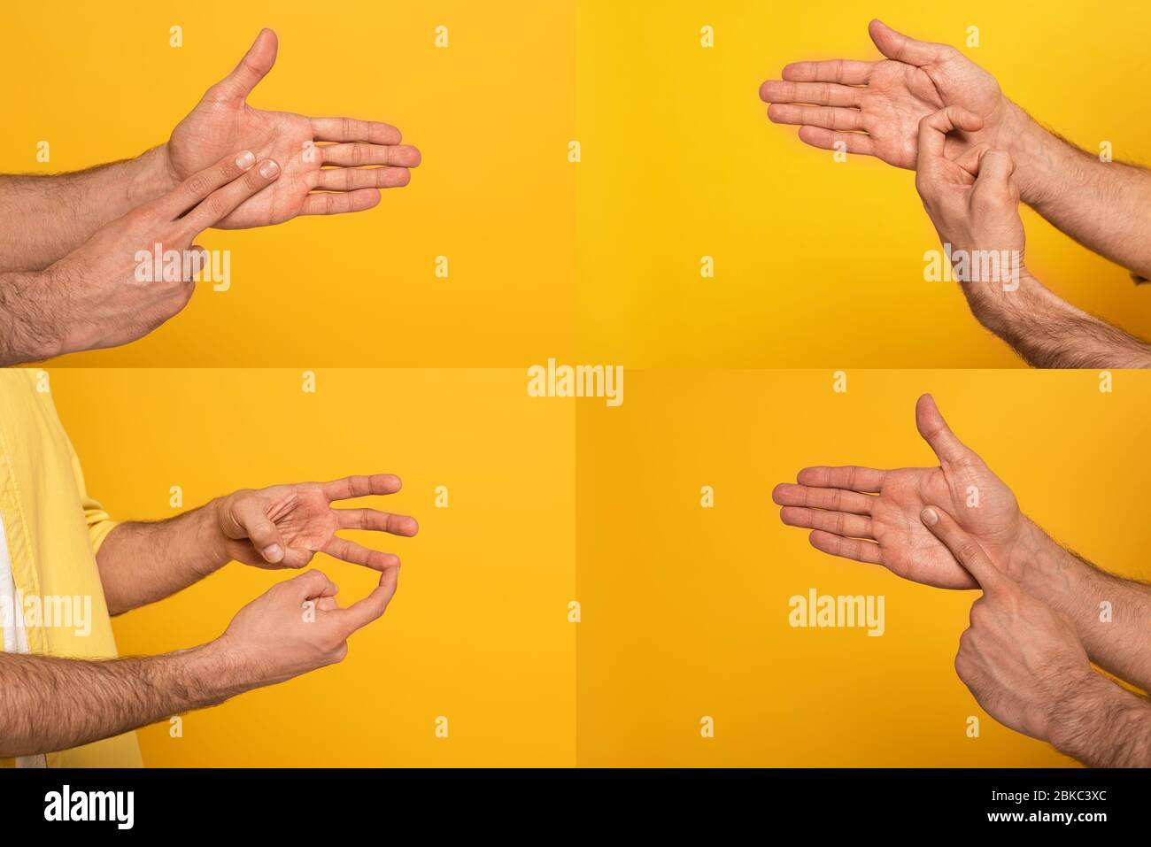 Collage of man using sign language isolated on yellow Stock Photo - Alamy