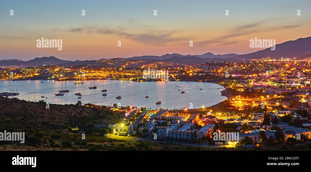 Bodrum night cityscape. Panoramic view over the bay in Bodrum, Turkey ...