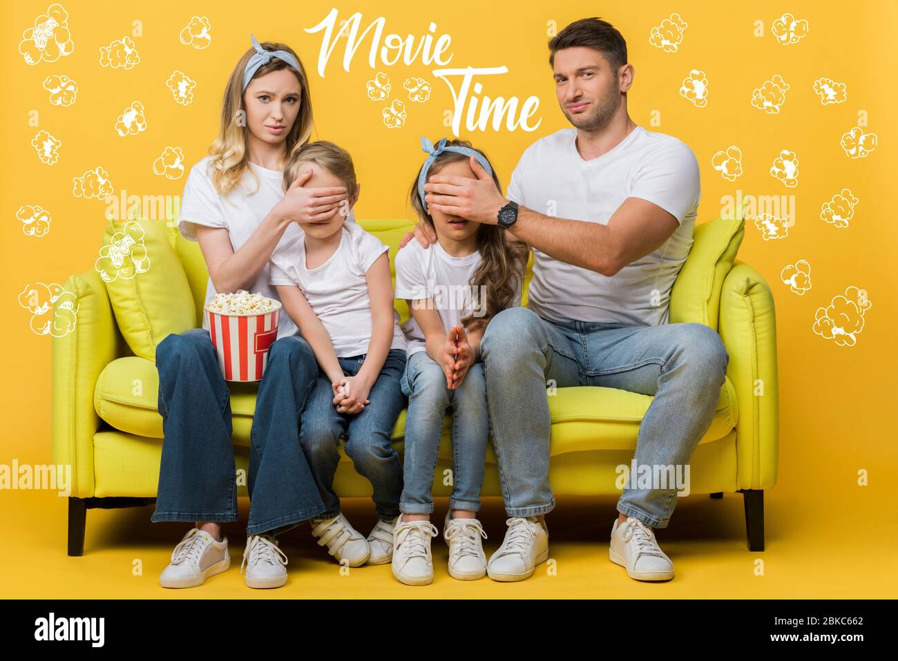 skeptical parents closing eyes to kids while watching movie on sofa ...