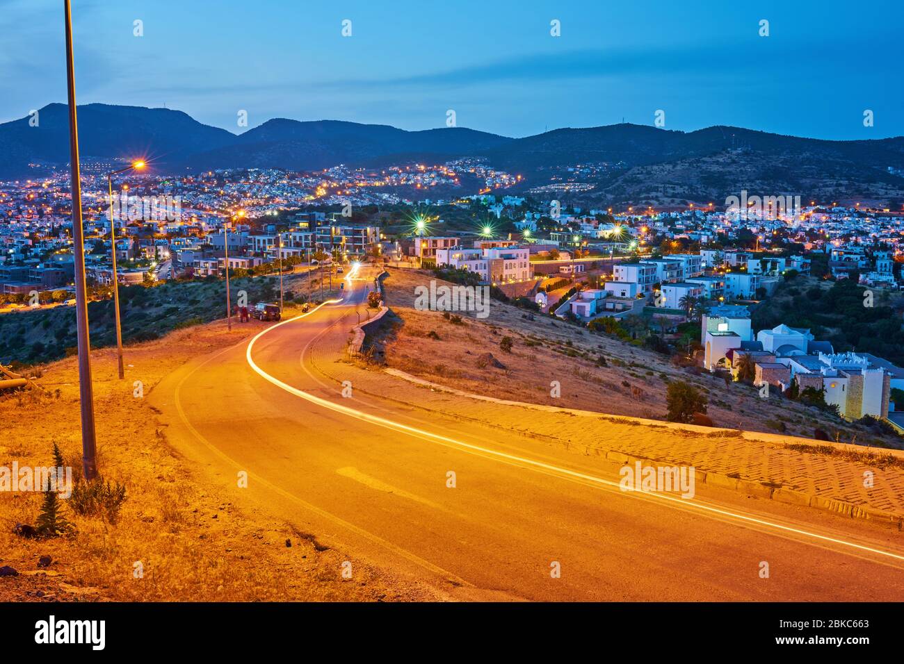 Bodrum night cityscape. Panoramic view over the bay in Bodrum, Turkey ...