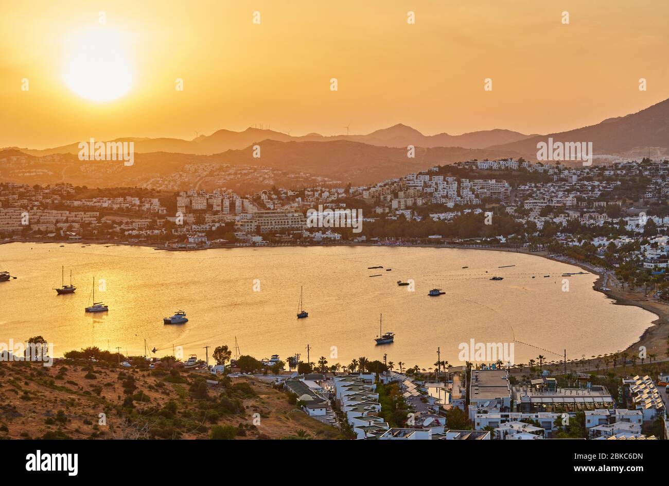 Panoramic Sunset view of Gumbet bay in Bodrum on Turkish Riviera ...