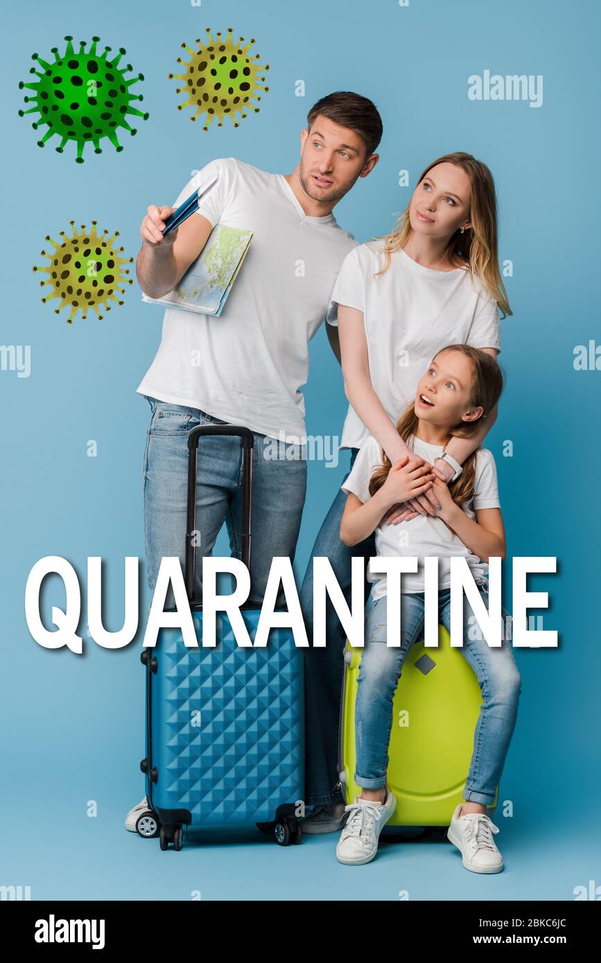 parents and shocked daughter with travel bags, map and passports on ...
