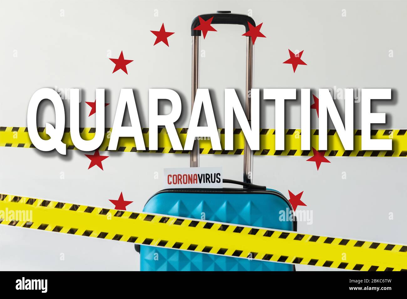 blue suitcase with coronavirus card in yellow and black hazard warning ...