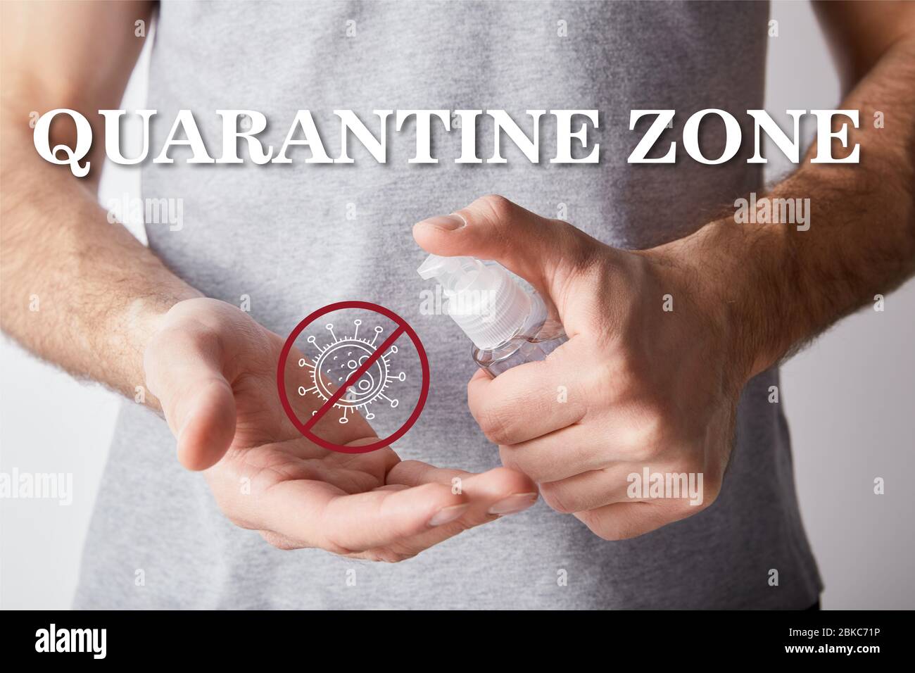 cropped view of adult man using hand sanitizer in dispenser bottle ...