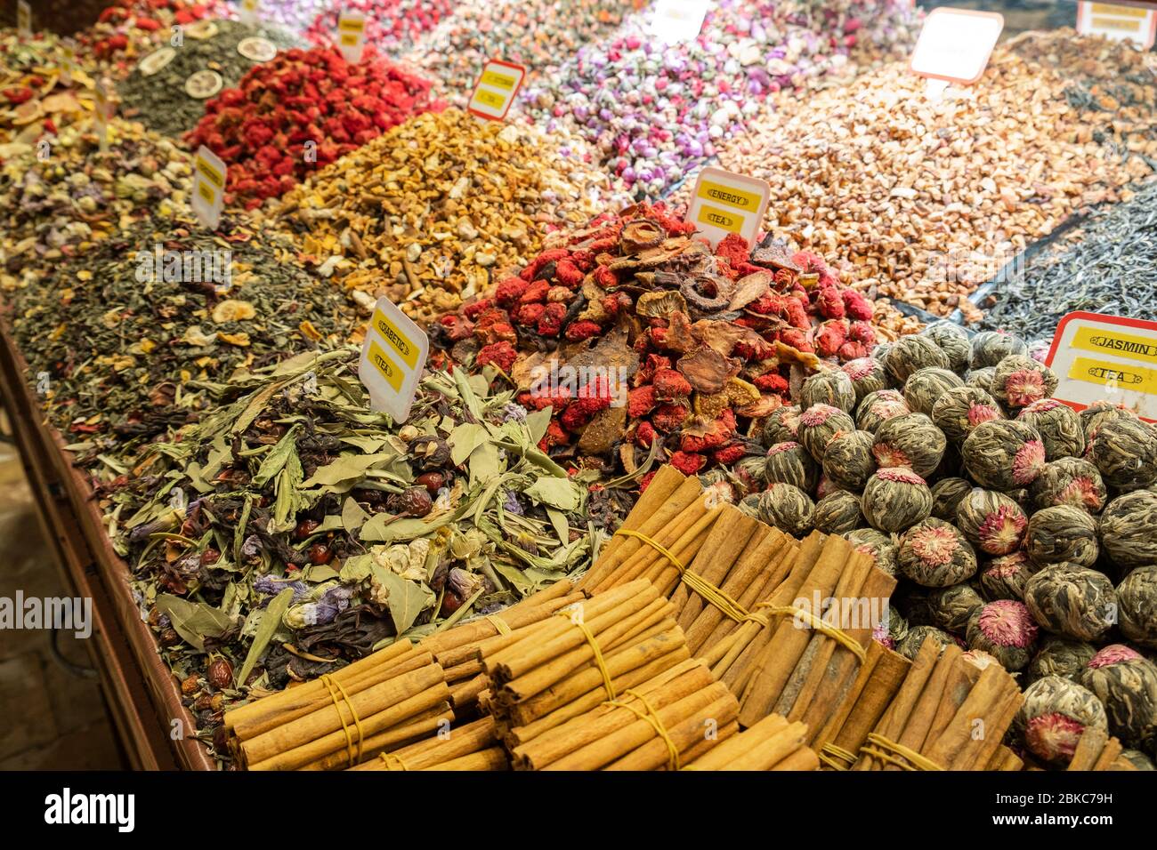 Turkish delight and snacks in spice bazaar in Istanbul. Dry fig and ...