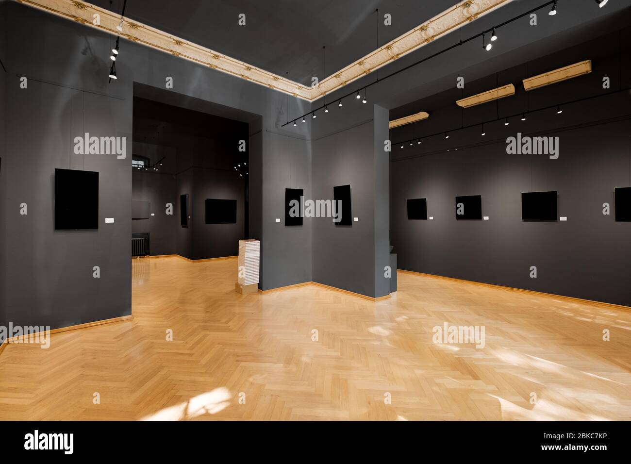 empty showroom or room in gallery with colorful painted walls and ...