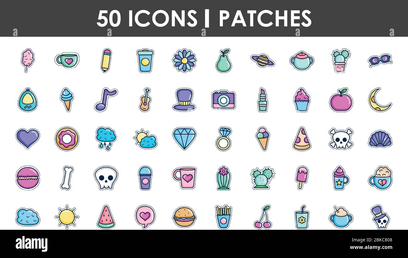 cute patches icon set over white background, line color style, vector ...