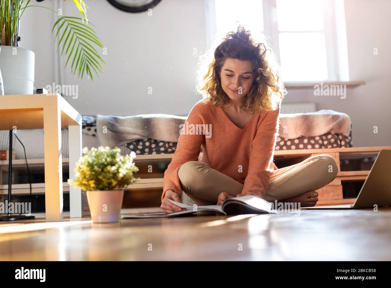 Female student learning in home setting with laptop and books Stock ...