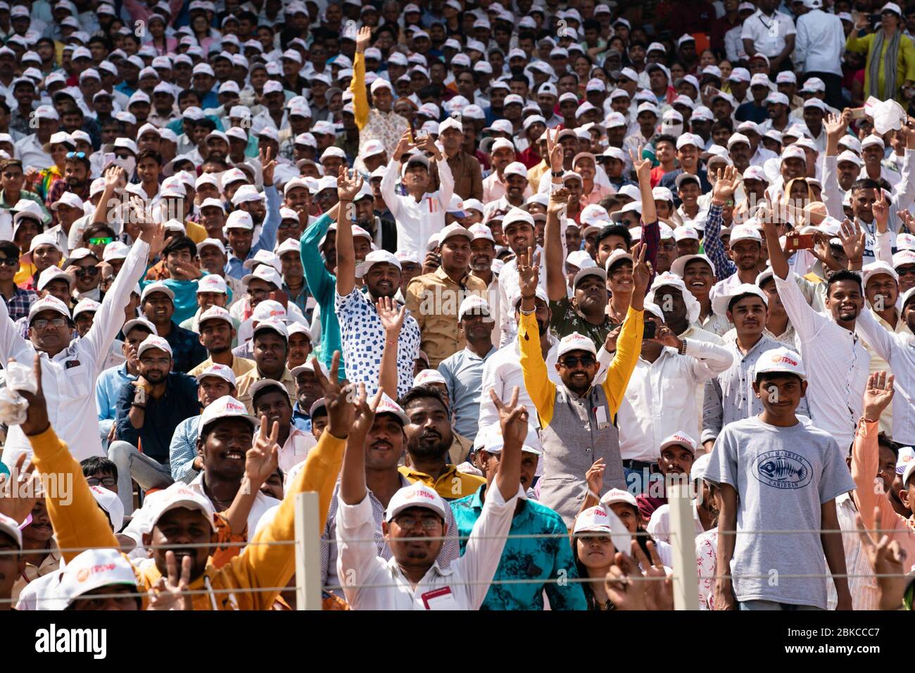 Guests cheer during the Namaste Trump Rally Monday, Feb. 24, 2020, at ...