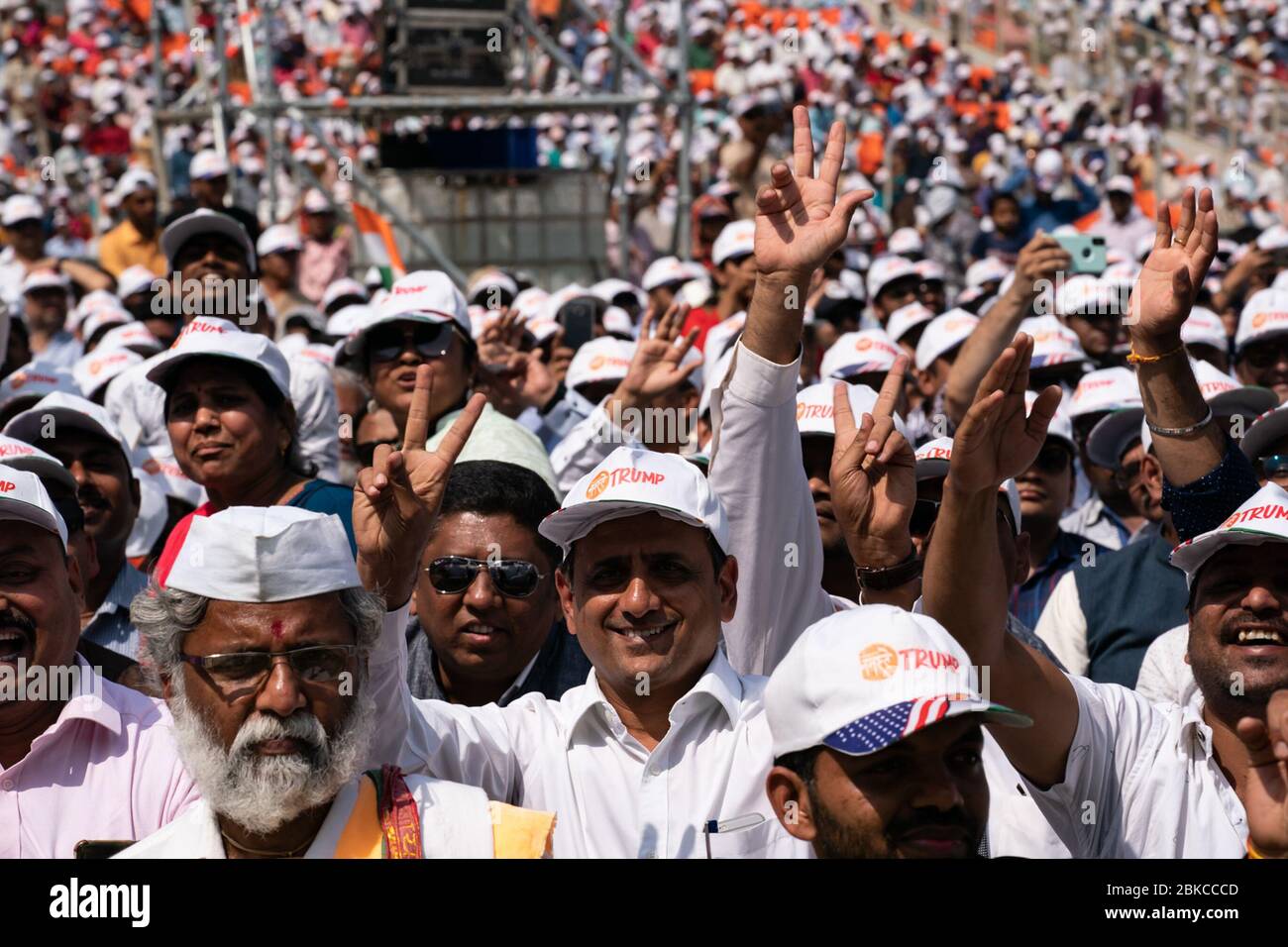 Guests cheer during the Namaste Trump Rally Monday, Feb. 24, 2020, at ...