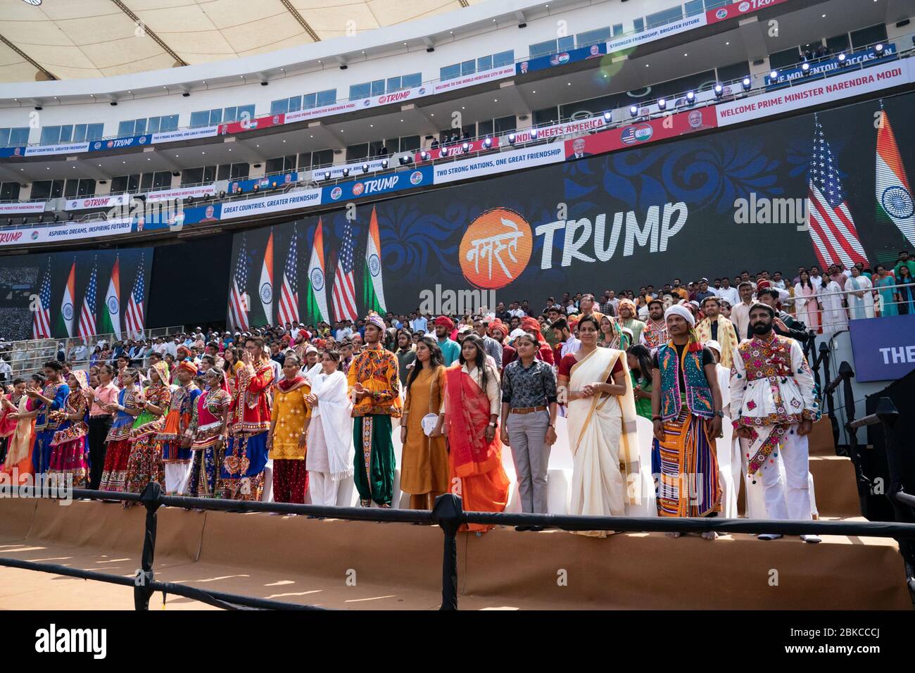 Guests attend the Namaste Trump Rally Monday, Feb. 24, 2020, at Motera ...