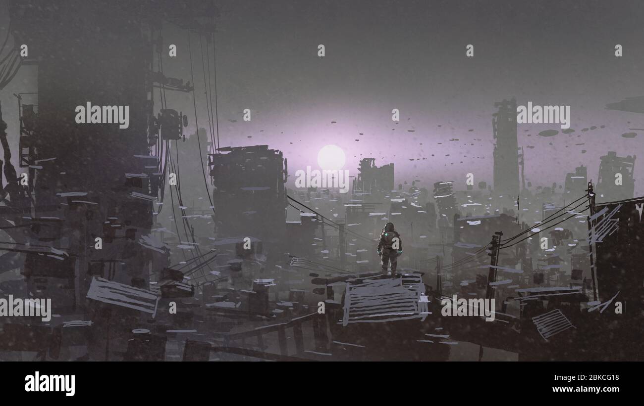 man looking at sunset on a rooftop of the building in the post ...