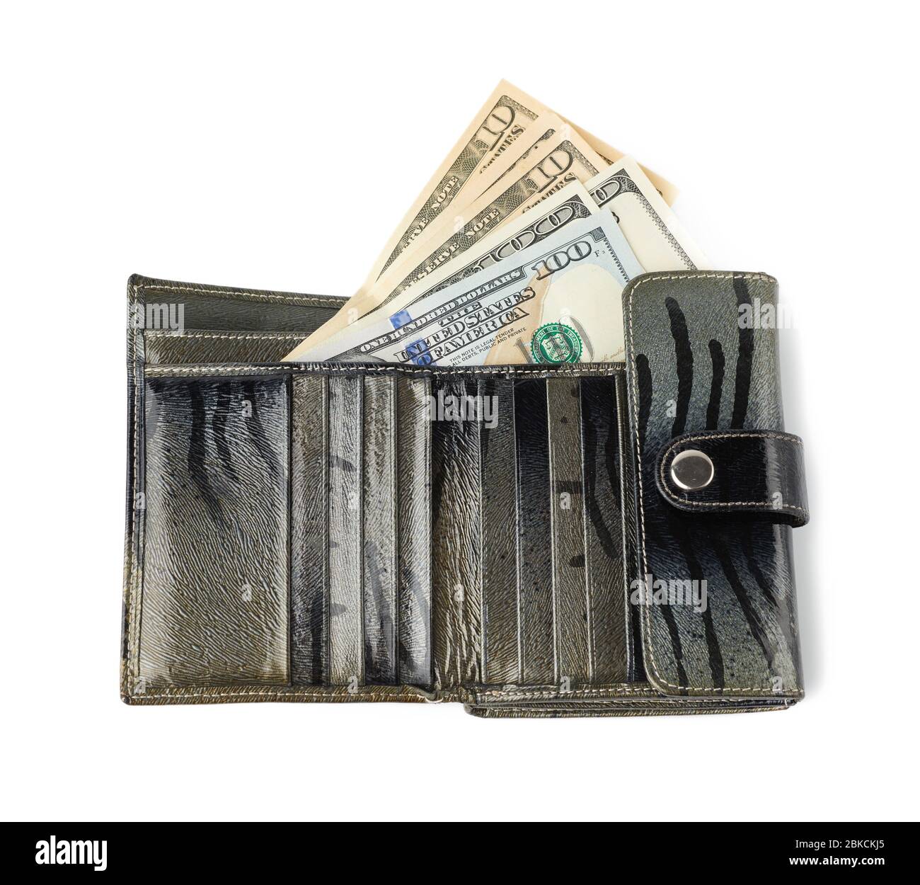 open gray leather wallet with one hundred US dollar bills isolated on ...