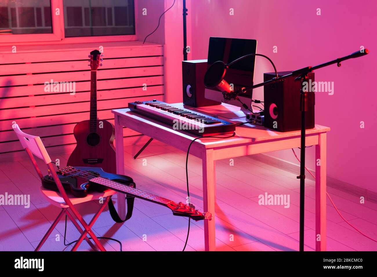 Microphone, computer and musical equipment guitars and piano background ...