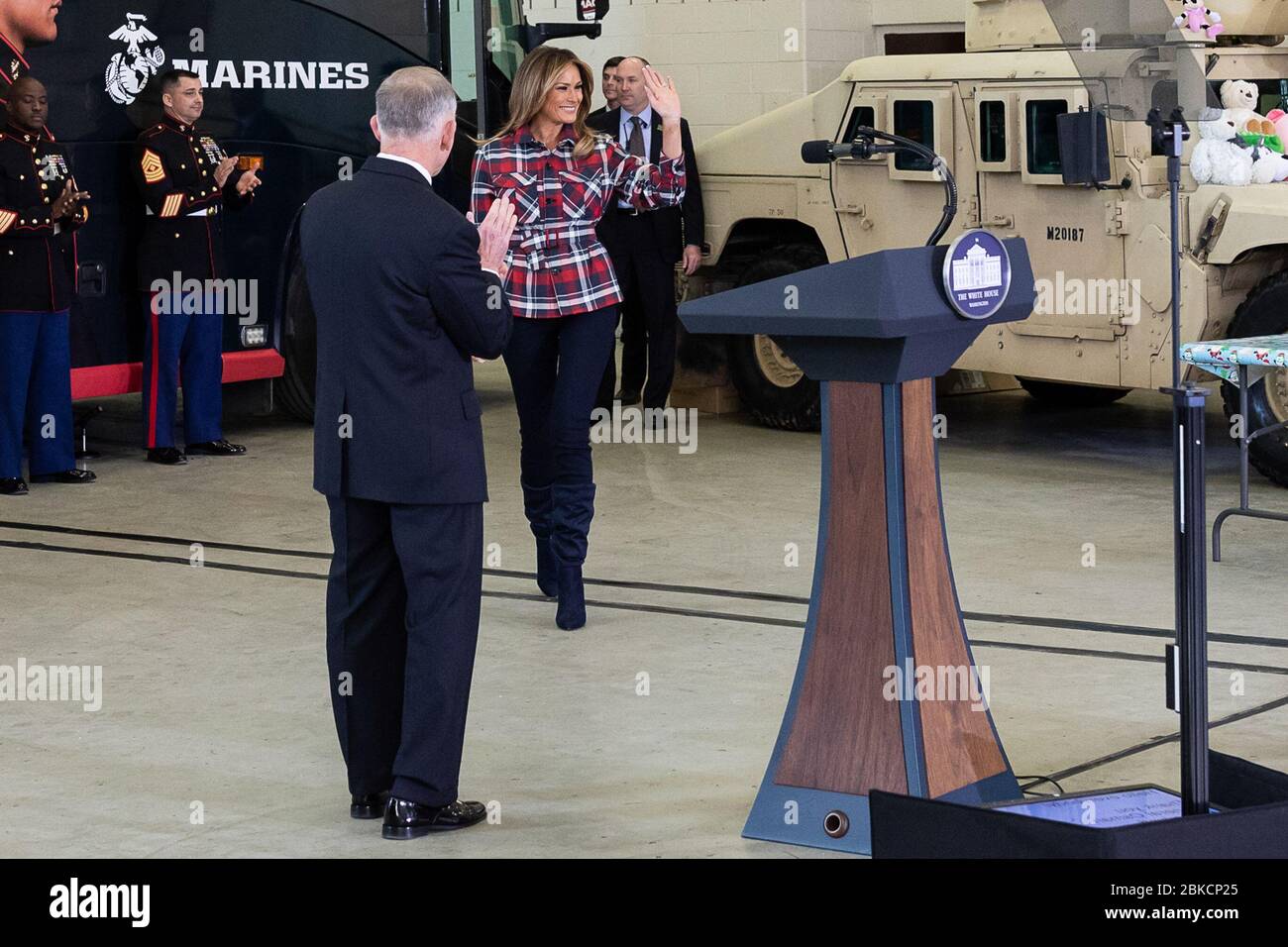 First Lady Melania Trump waves to guest attending a Toys for Tots ...