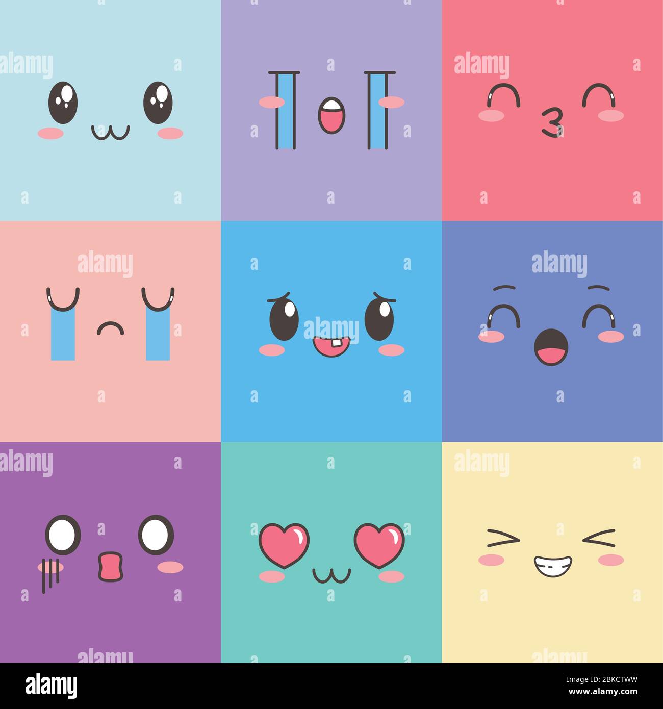 kawaii faces expression cartoon emoticon square color set vector ...