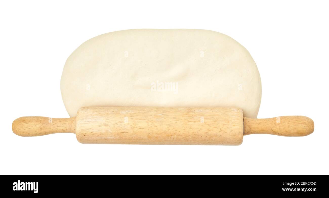 Floured Rolling Pin on Pizza or Bread Dough. Isolated on white ...