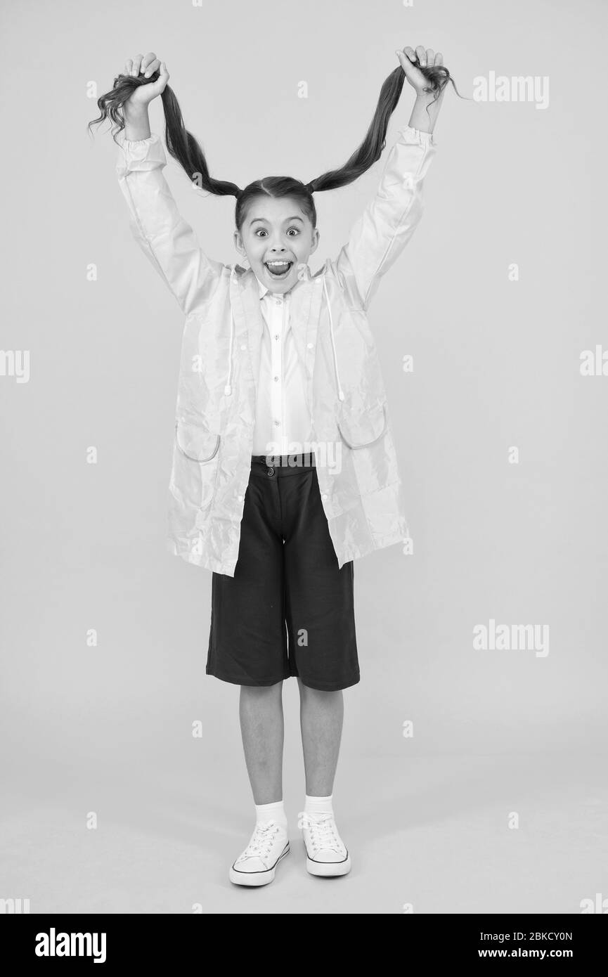 Rain is not hindrance. small girl have fun in raincoat. active ...