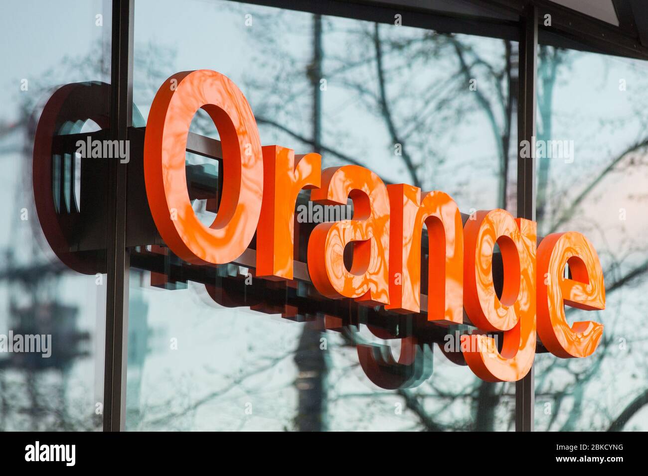 A Polish mobile phone network operator, Orange logo seen at one of ...