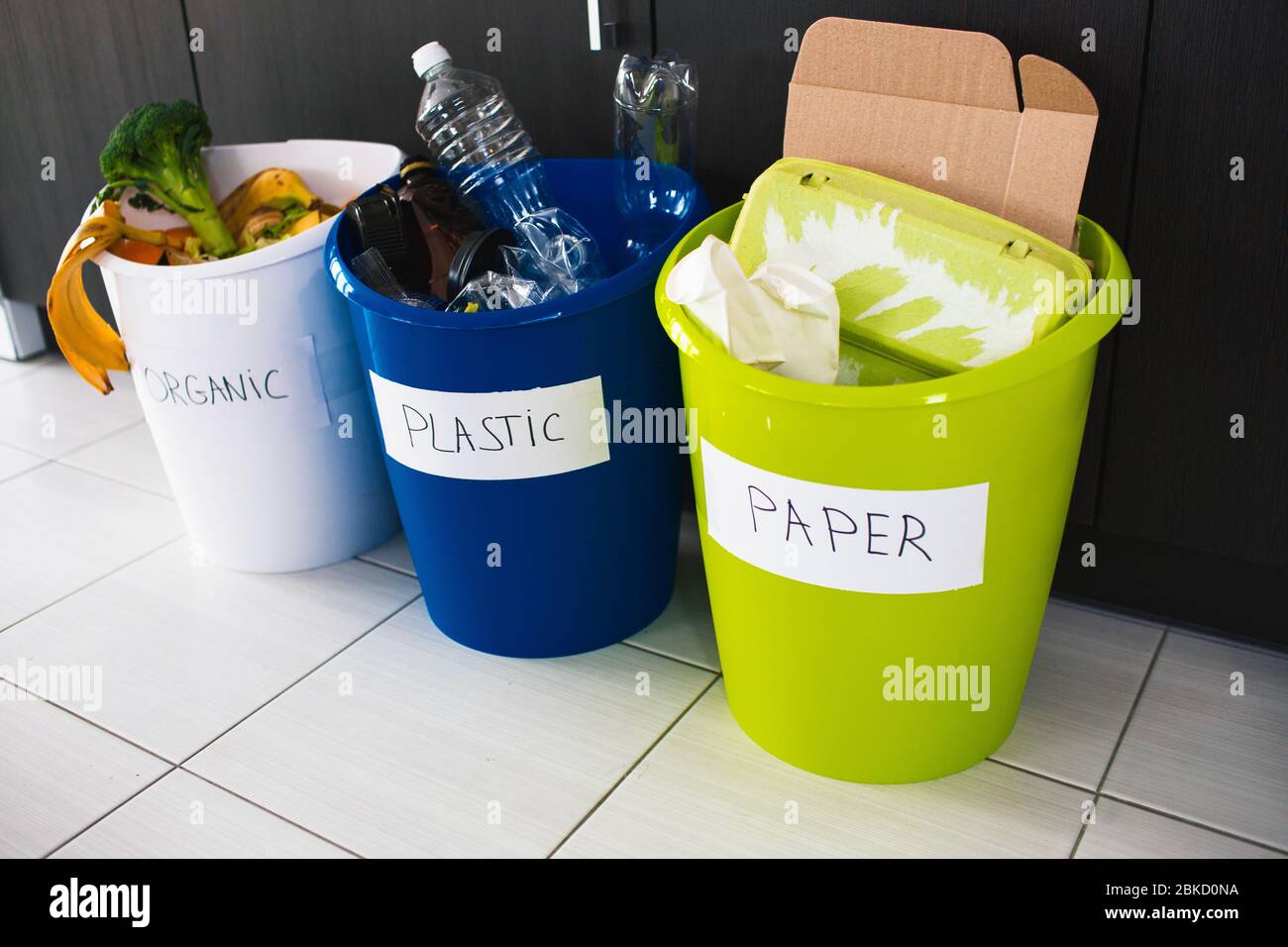 close-up concept. Sort garbage at home. There are three buckets for ...