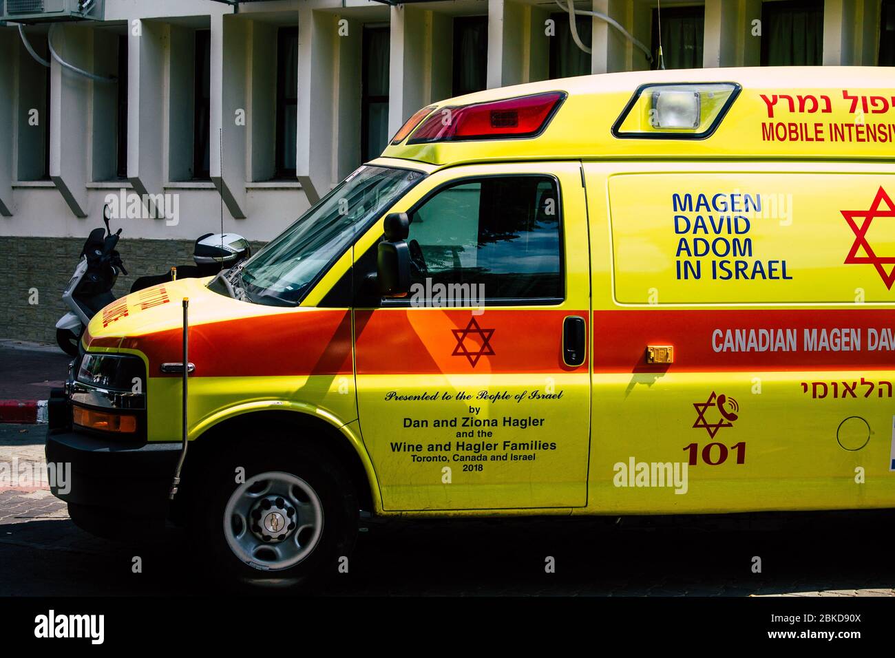 Tel Aviv Israel August 9, 2019 View of a Israeli ambulance parked in ...