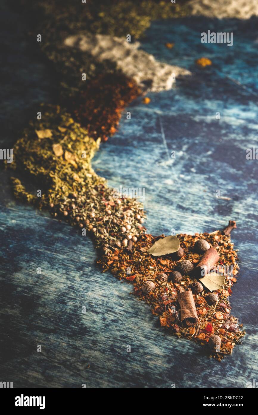 Close up of the shape of the Greek Island Corfu with different spices ...