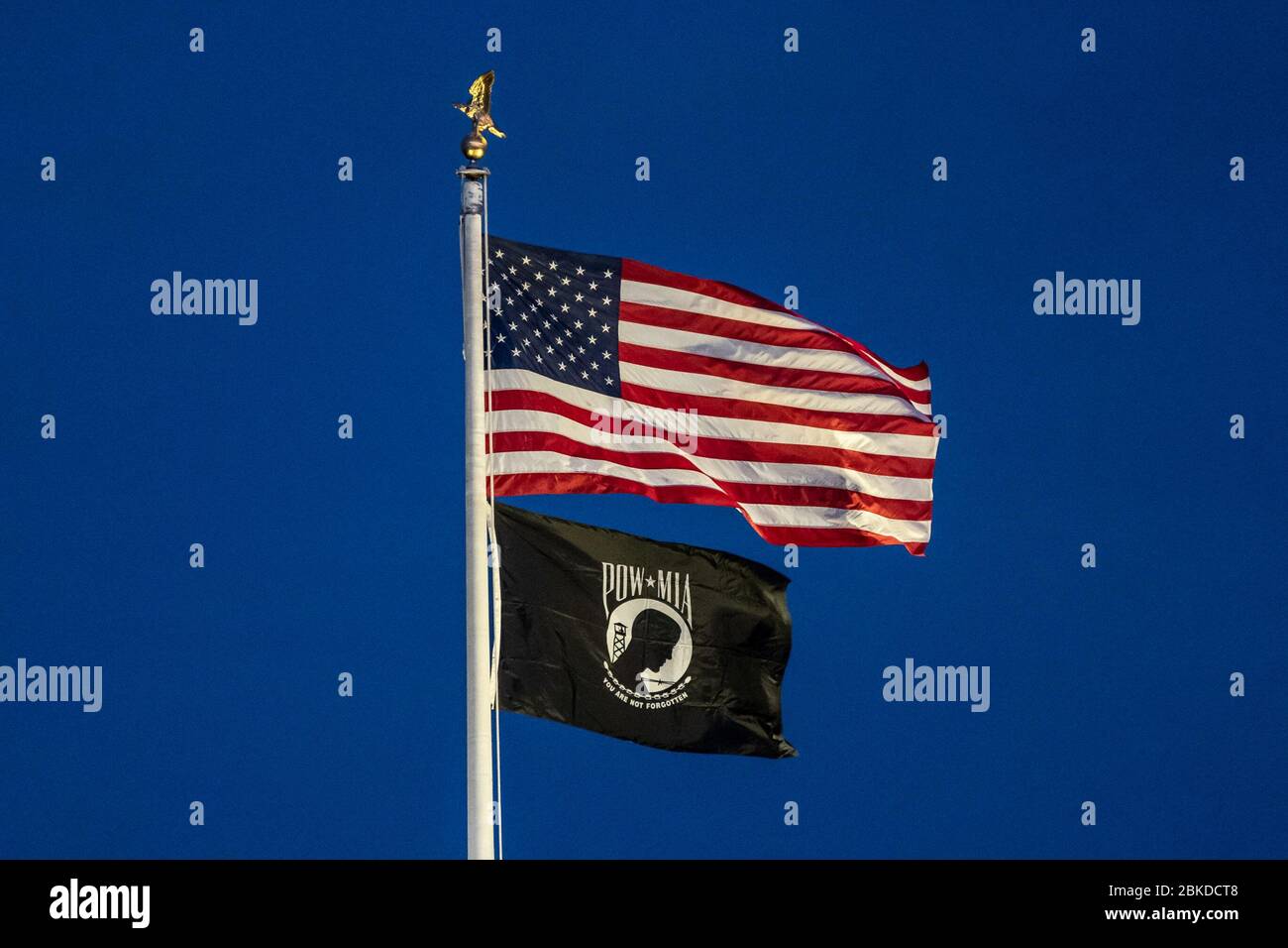 A POW/MIA flag flies atop the White House on November 8, 2019 ...