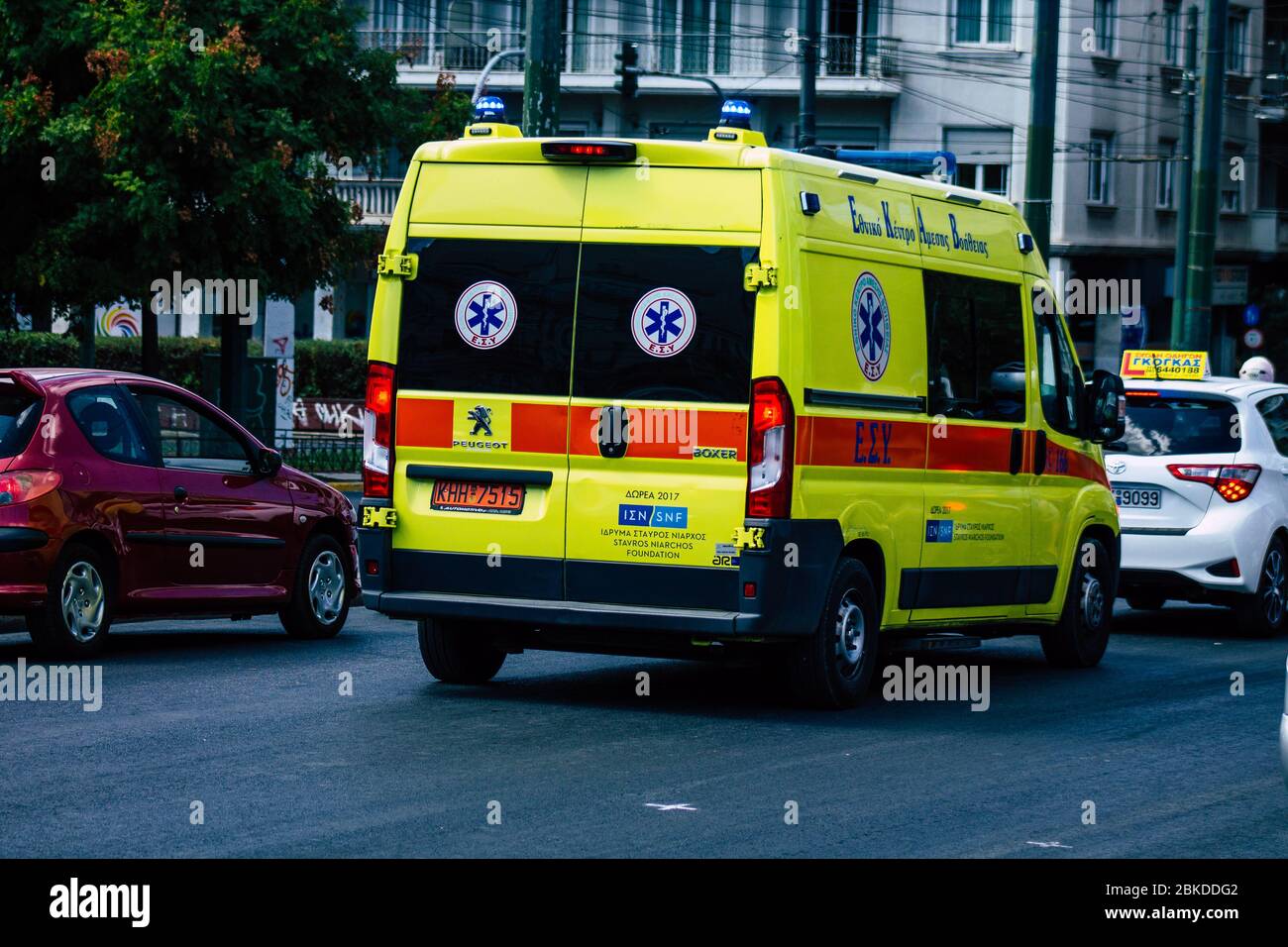 Athens Greece September 11, 2019 View of a Greek ambulance driving ...