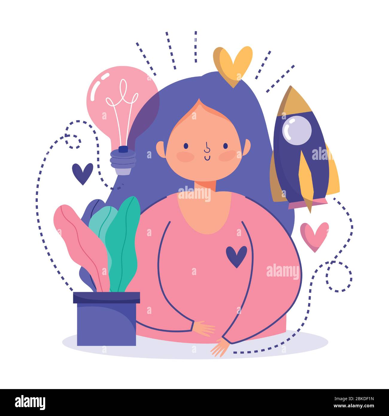 people creativity technology, girl bulb idea rocket and plant vector ...