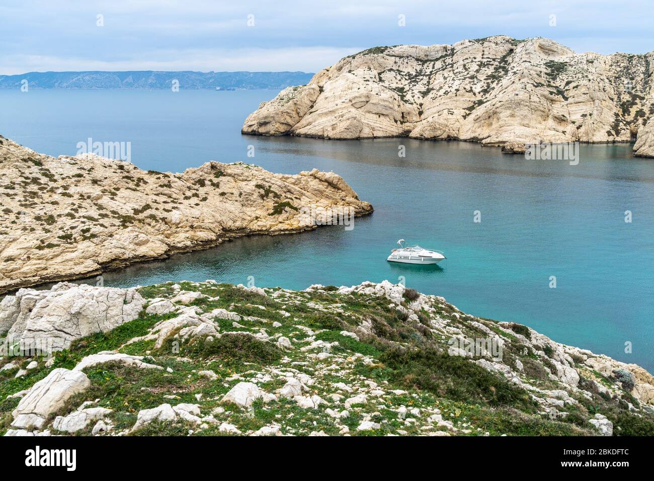 Small boat near the coast of Ratonneau island, part of Frioul ...
