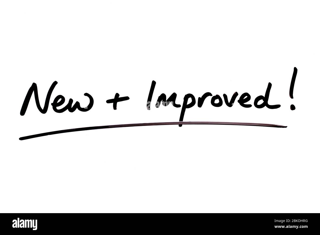 New and Improved! handwritten on a white background Stock Photo - Alamy