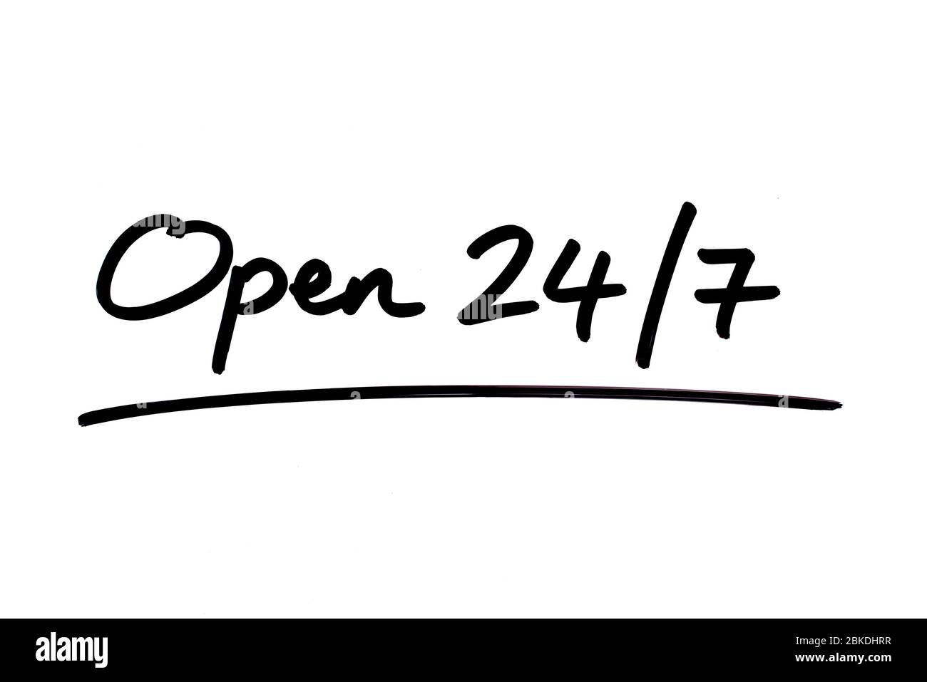 Open 24-7 handwritten on a white background Stock Photo - Alamy