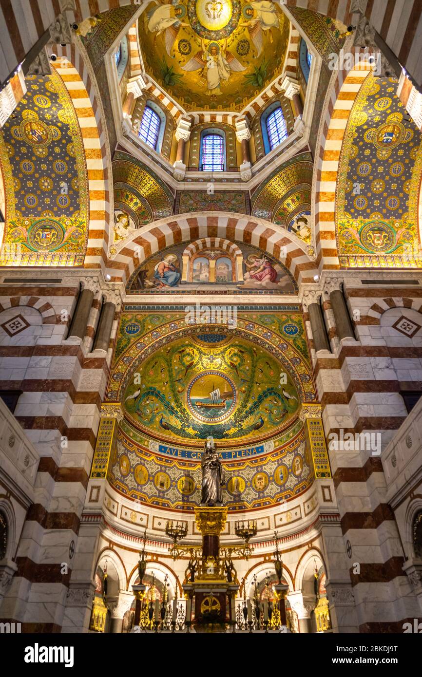 Altar and beautiful mosaics inside the Notre Dame de la Garde basilica ...