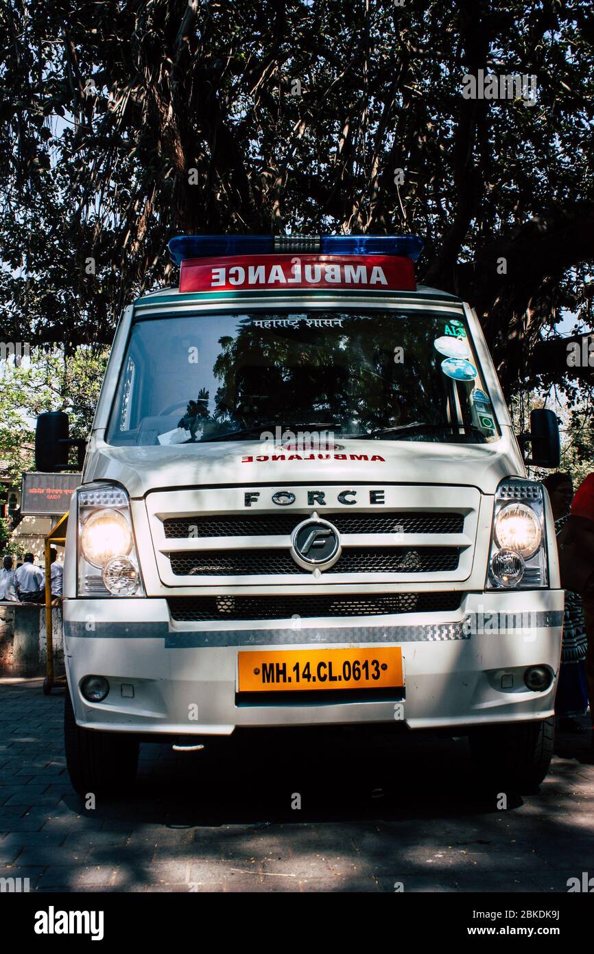 Mumbai India March 1, 2019 Closeup of a Indian ambulance parked front ...