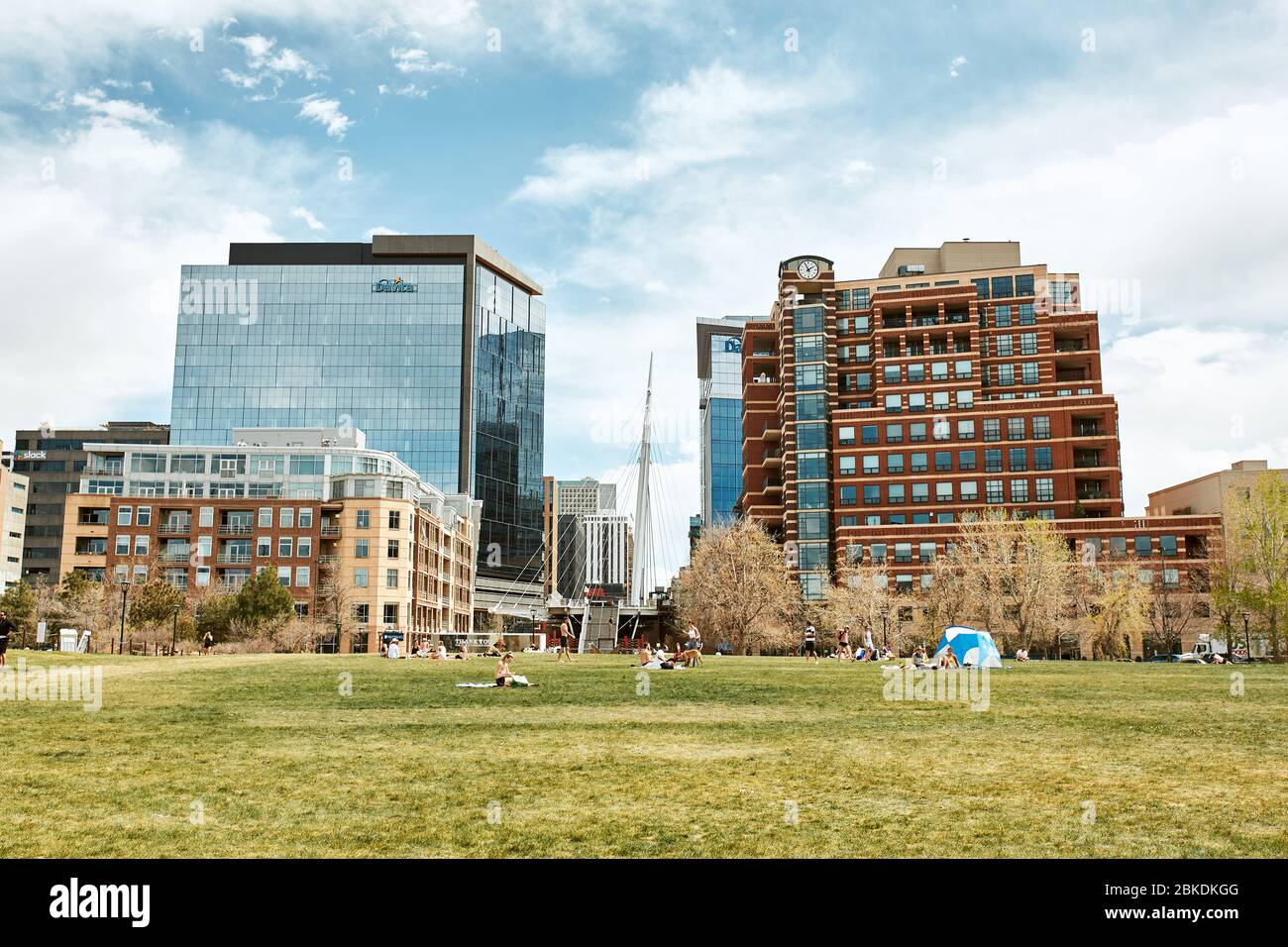 Denver, Colorado - May 1st, 2020: View of Commons Park with apartments ...