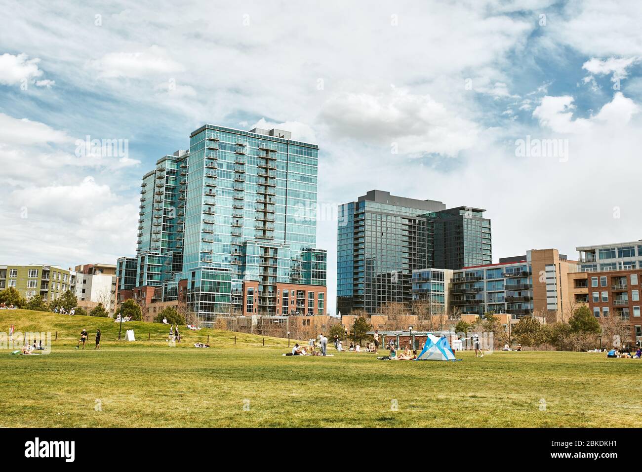 Denver, Colorado - May 1st, 2020: View of Commons Park with apartments ...