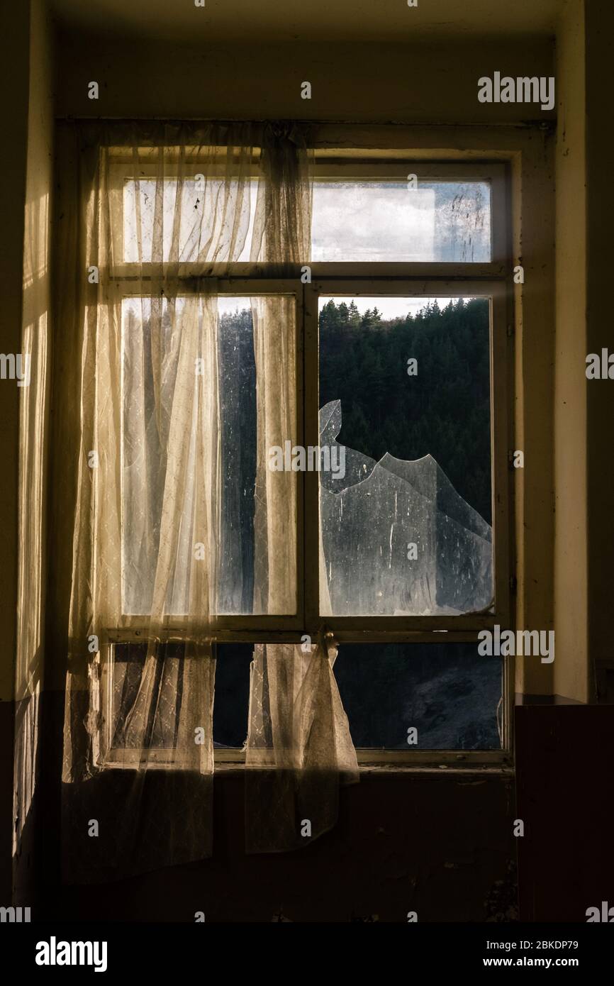 View from an old window of an abandoned house Stock Photo - Alamy