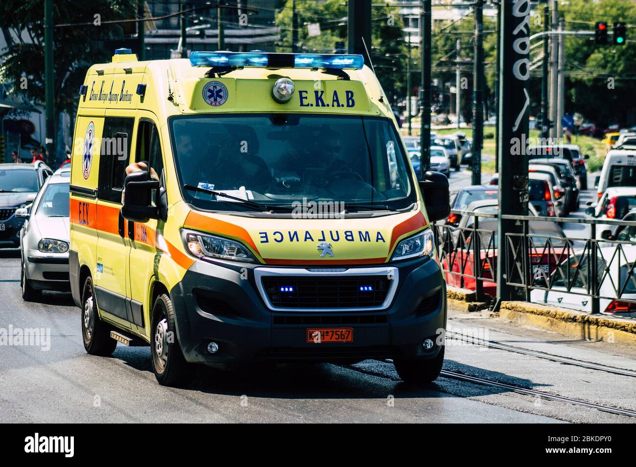 Athens Greece September 7, 2019 View of a Greek ambulance driving ...