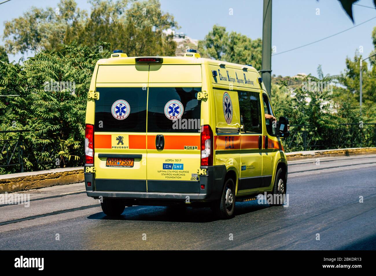 Athens Greece September 7, 2019 View of a Greek ambulance driving ...