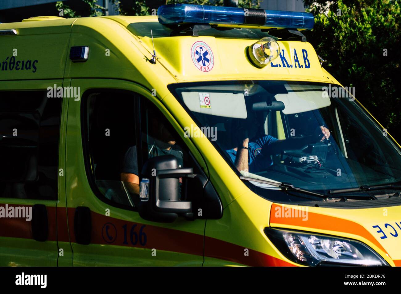 Athens Greece August 27, 2019 View of a Greek ambulance driving through ...