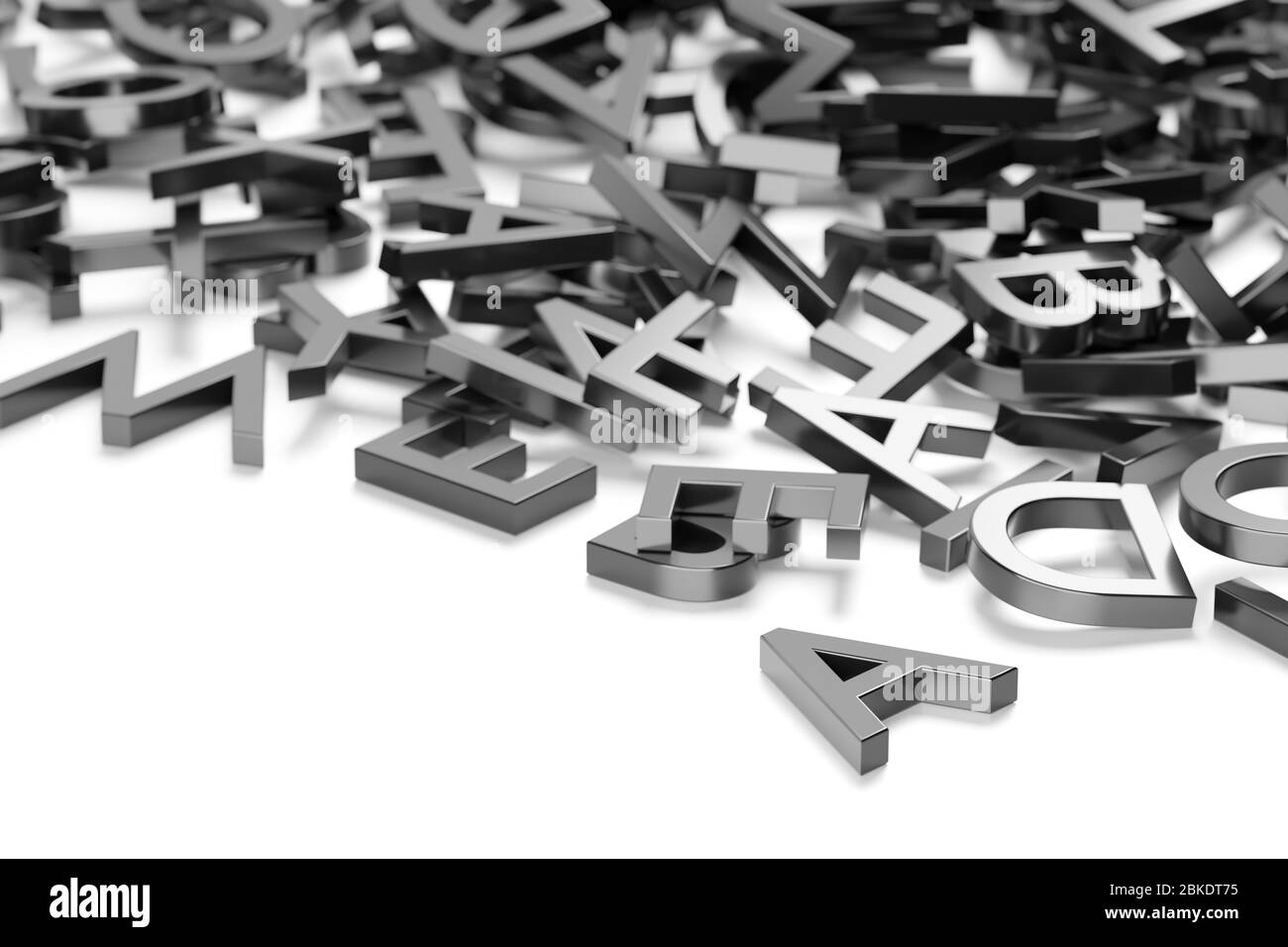 Heap of metal alphabetic character letters over white background ...