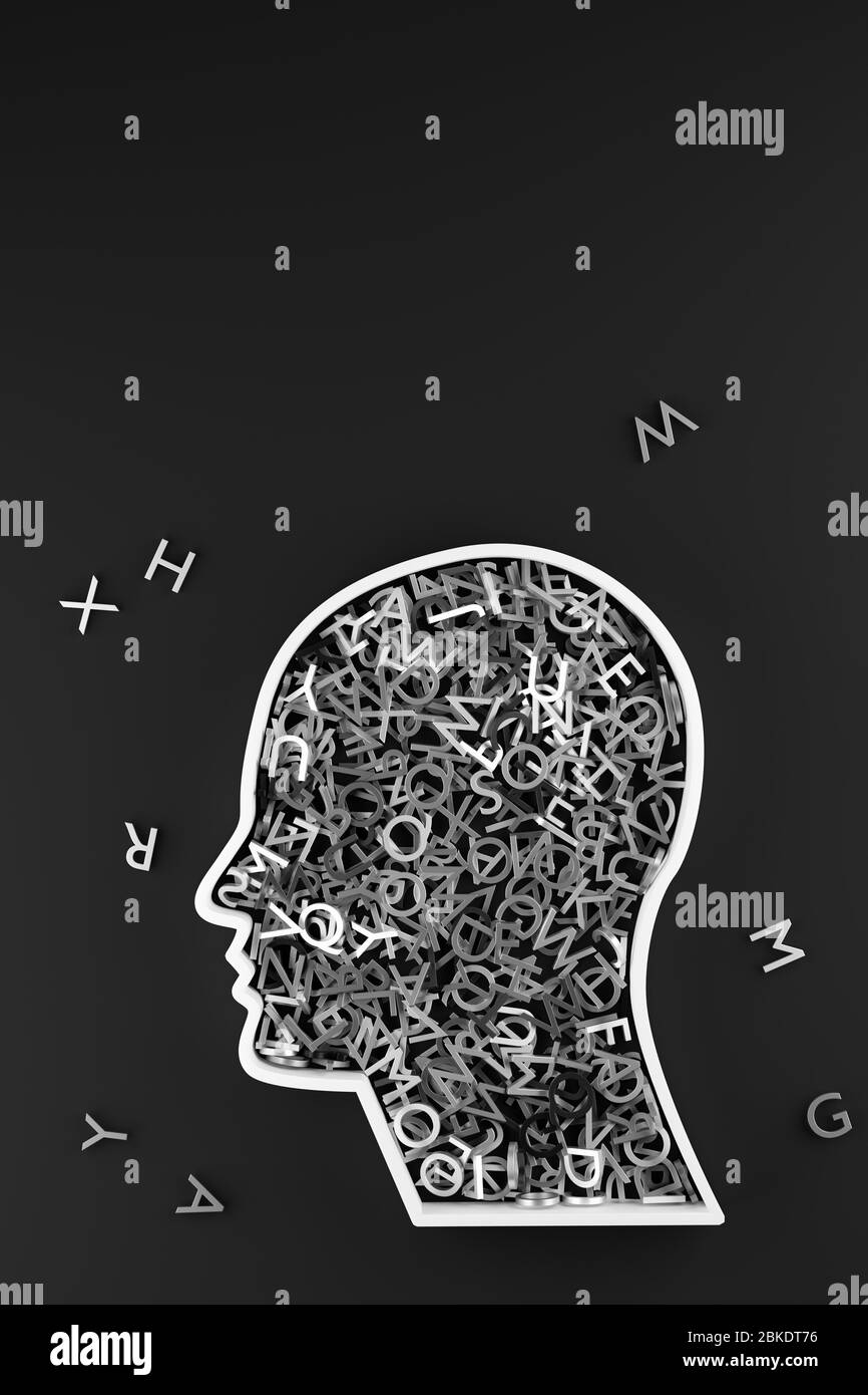 Human head shape filled with metal alphabetic character letters with ...